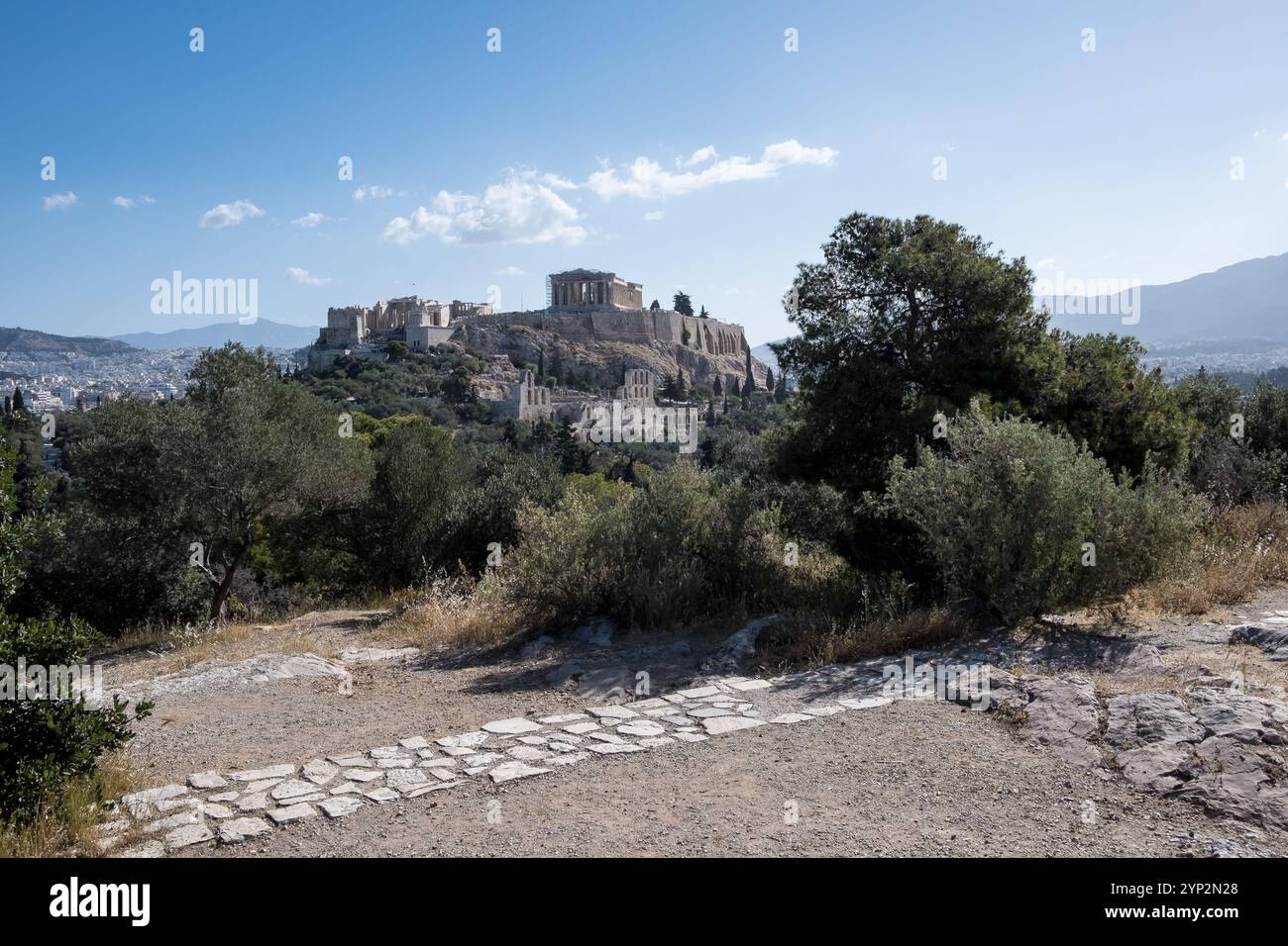 View of the Acropolis of Athens, UNESCO World Heritage Site, from Mouseion Hill, located to the ...