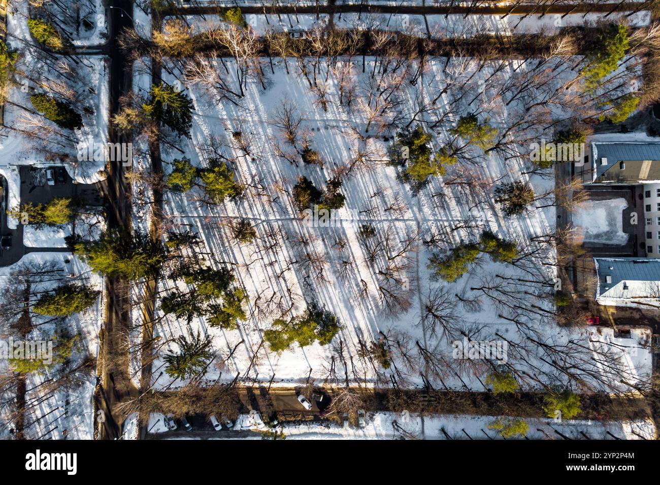Aerial view of snowy park area in the city Stock Photo - Alamy