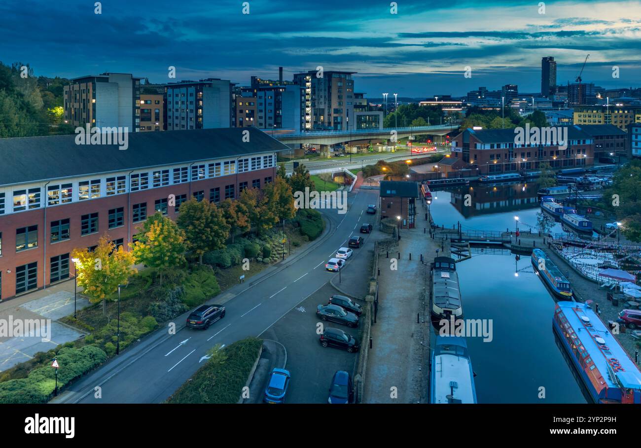 Aerial view of victoria quays sheffield city skyline at dusk hi-res ...
