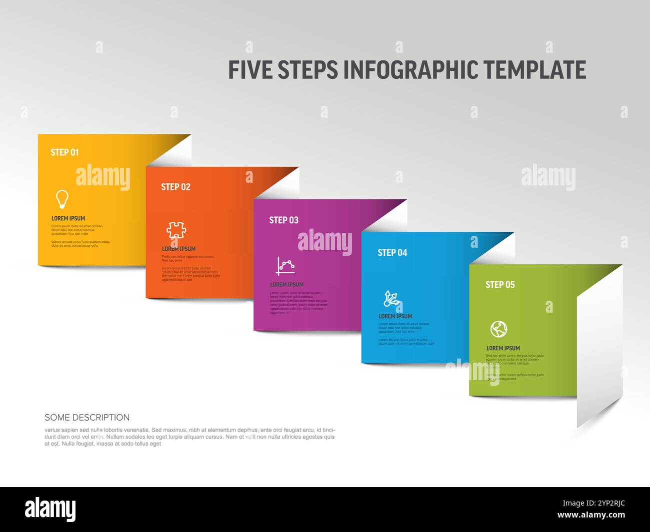 Five steps process description on folded rainbow color paper ...