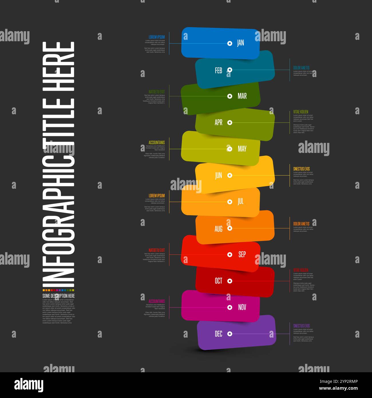 Whole year infographic template with stacked rainbow color blocks on ...