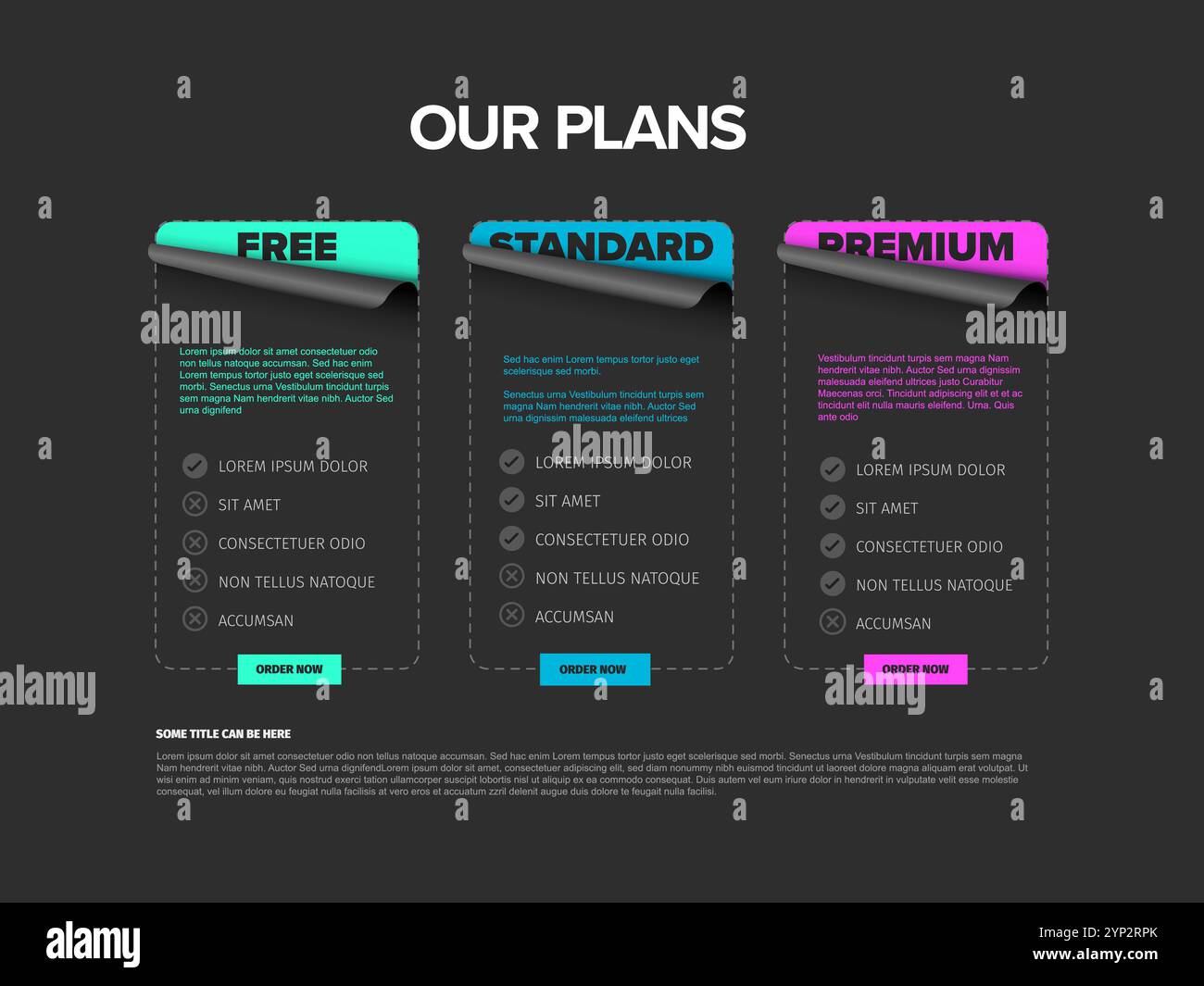 Dark Product features schema template cards with three services, feature lists, order buttons ...