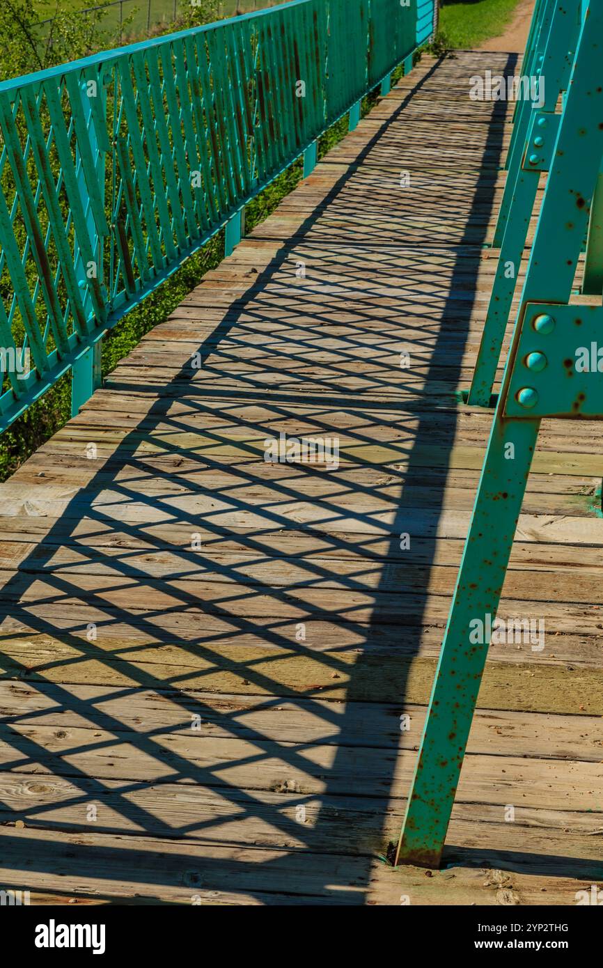 A green metal bridge with a wooden walkway. The walkway is shaded by ...