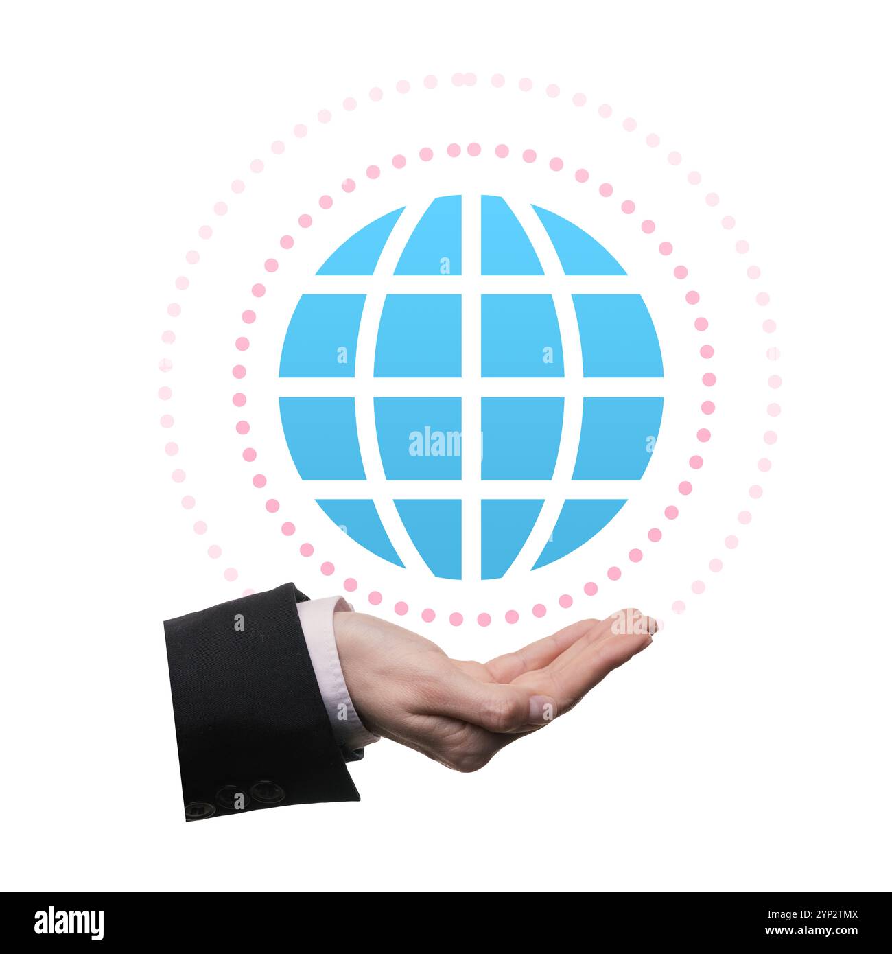 Responsibility. Businessman hand holding blue globe encircled by pink ...