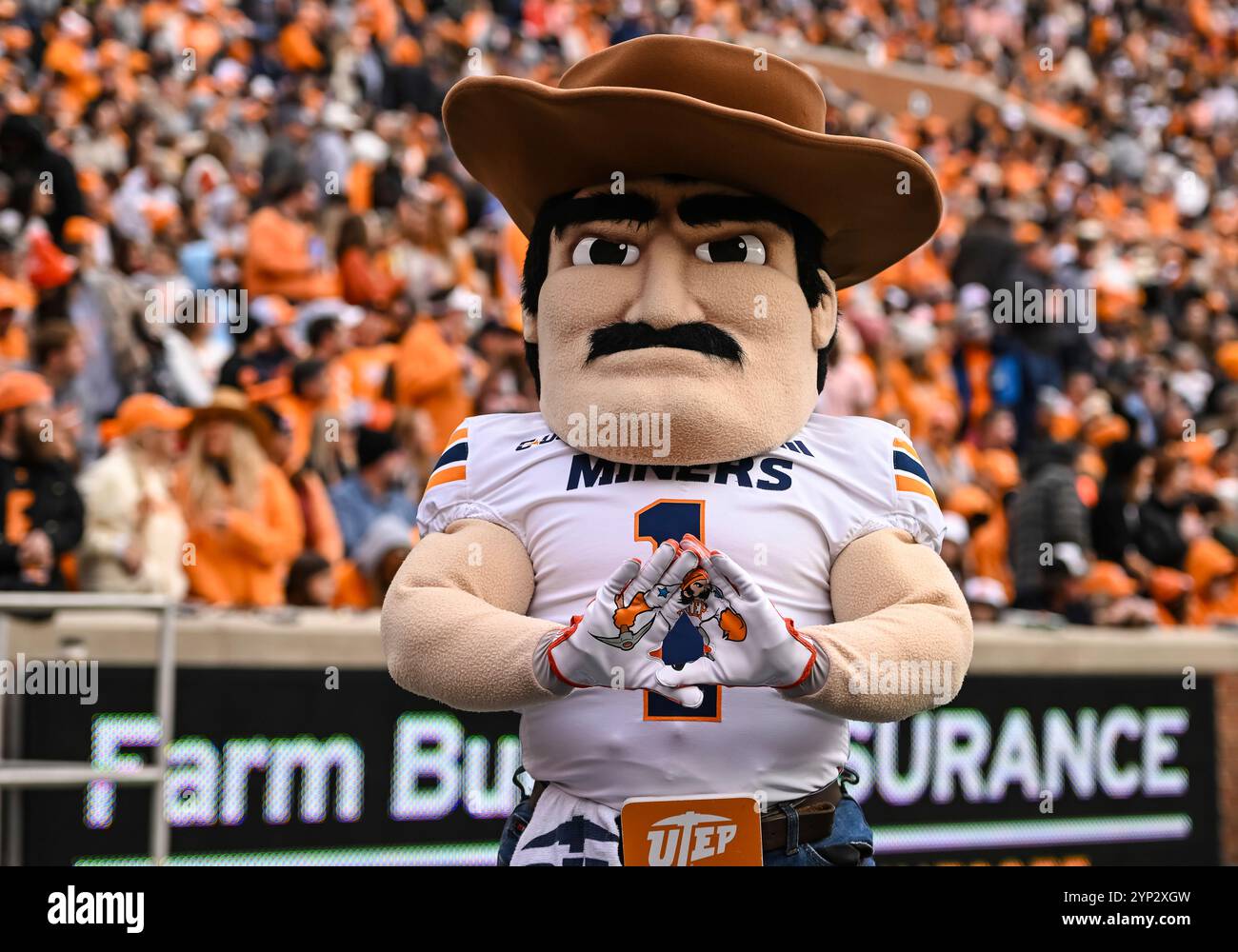 KNOXVILLE, TN - NOVEMBER 23: UTEP Miners mascot Paydirt Pete poses ...