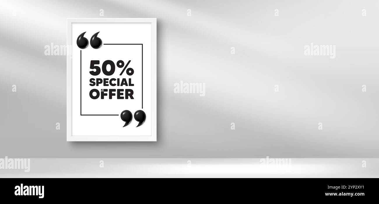 50 percent discount offer. Sale price promo sign. Photo frame banner ...