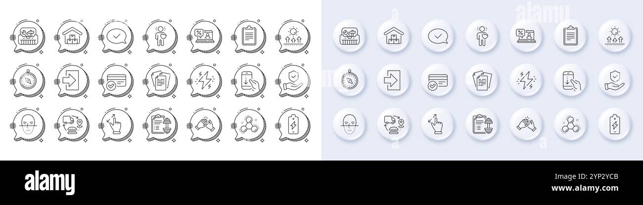 Power, Battery charging and Chemistry molecule line icons. For web app, printing. Line icons ...