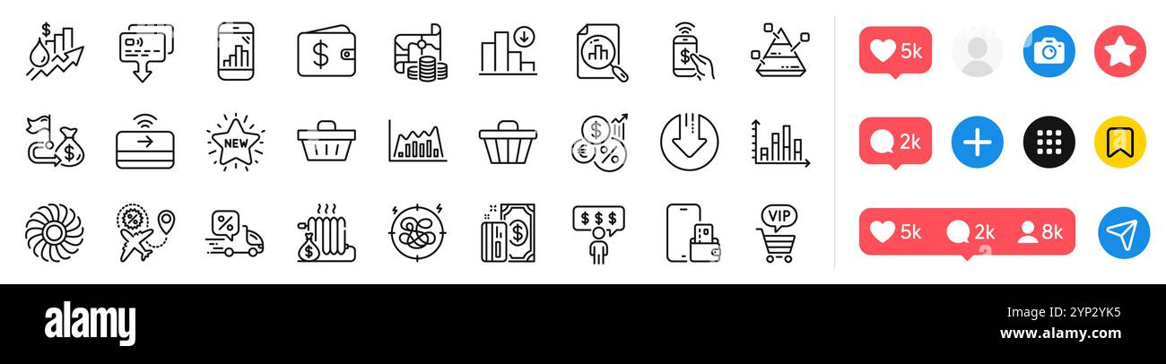 Rise price, Fan engine and Decreasing graph line icons pack. For web ...