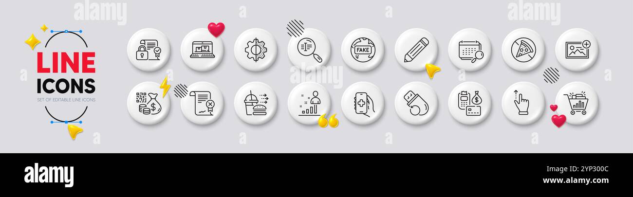 Pencil, Touchscreen gesture and Web inventory line icons. For web app, printing. White buttons ...