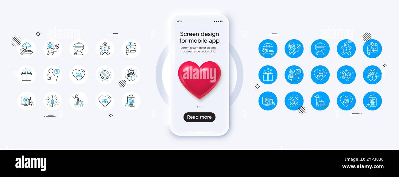 Gingerbread man, Passport warning and Flight sale line icons. For web app, printing Vector Stock ...