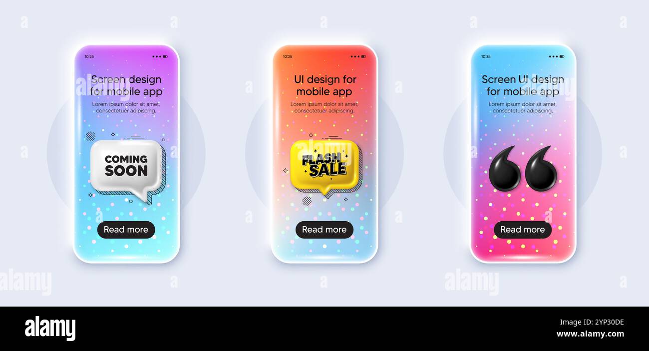 Coming soon tag. Promotion banner sign. Phone 3d mockup gradient screen ...