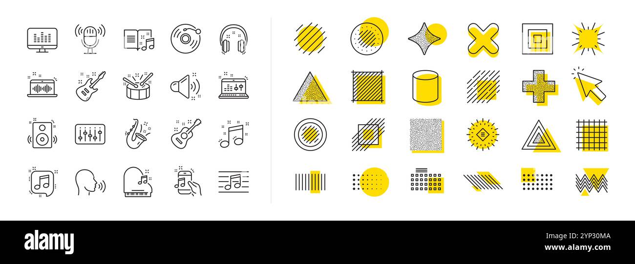 Music line icons. Set of Acoustic guitar, Musical note and Vinyl record ...