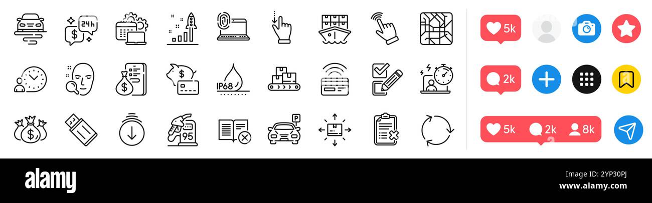 Money, Scroll down and Time management line icons pack. For web app. Social media icons. Vector ...