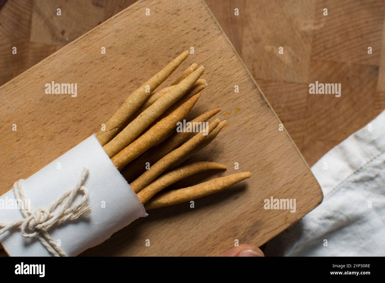 Top view of fried corn stick snack on a wood board, Overhead view of ...