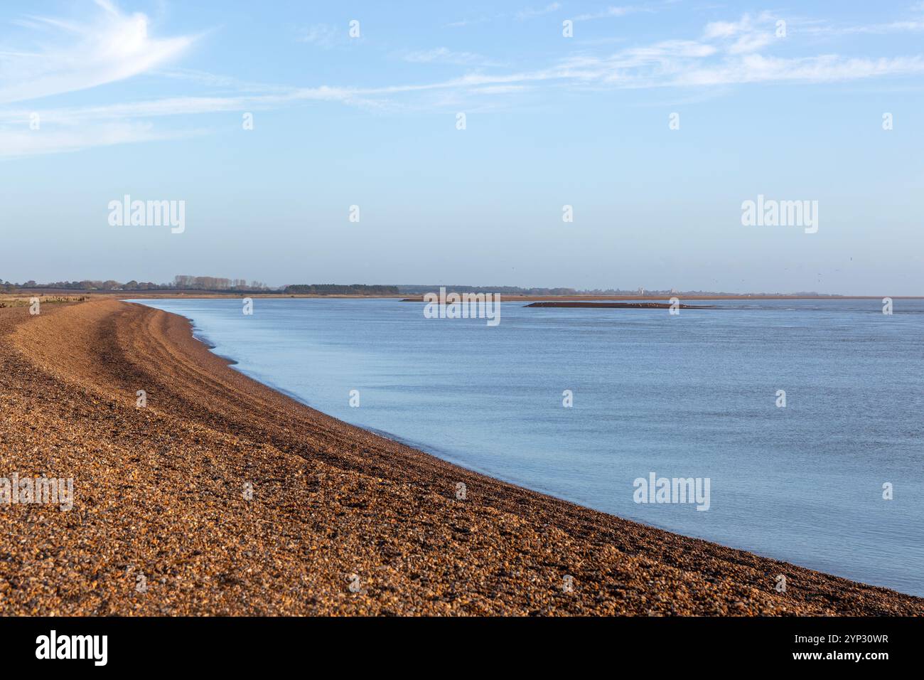 North Sea landscape River Ore at tip of Orford Ness shingle spit, North ...