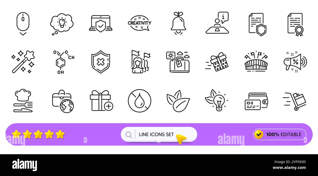 Push cart, Travel luggage and Scroll down line icons for web app. Pictogram icon. Line icons ...