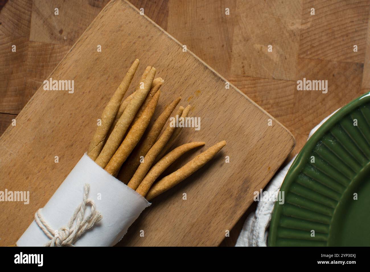 Top view of fried corn stick snack on a wood board, Overhead view of ...