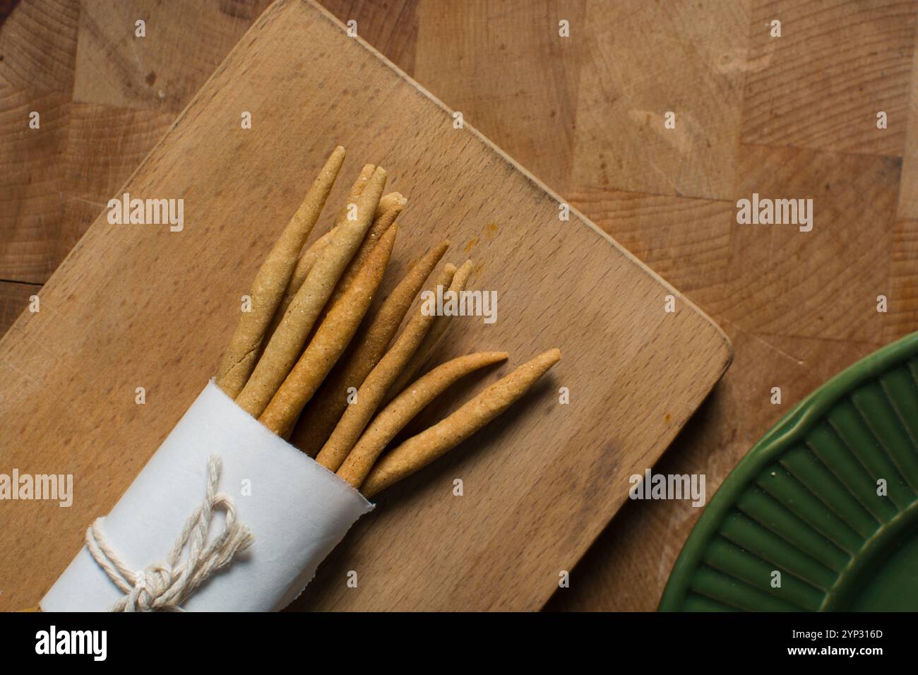 Top view of fried corn stick snack on a wood board, Overhead view of ...