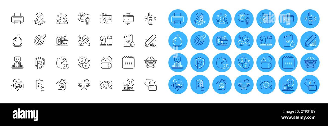 Printer, Credit card and Fake news line icons pack. For web app. Color ...