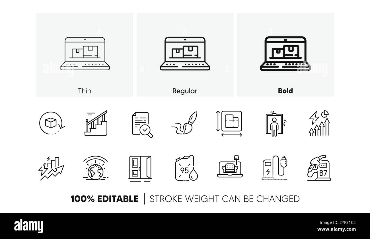 Electricity consumption, Diesel station and Floor plan line icons. For web app, printing. Line ...