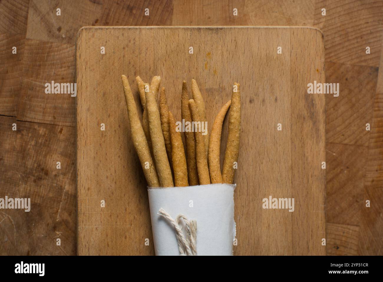 Top view of fried corn stick snack on a wood board, Overhead view of ...