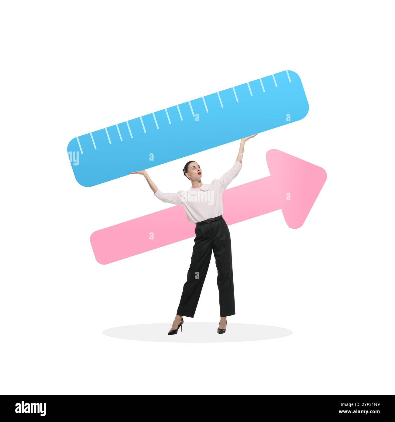 Businesswoman holding blue ruler and pink arrow, representing ...