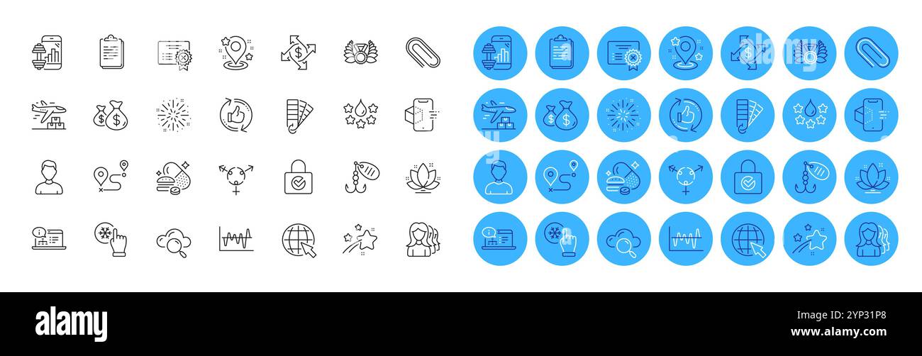 Internet, Paper clip and Delivery plane line icons pack. For web app ...