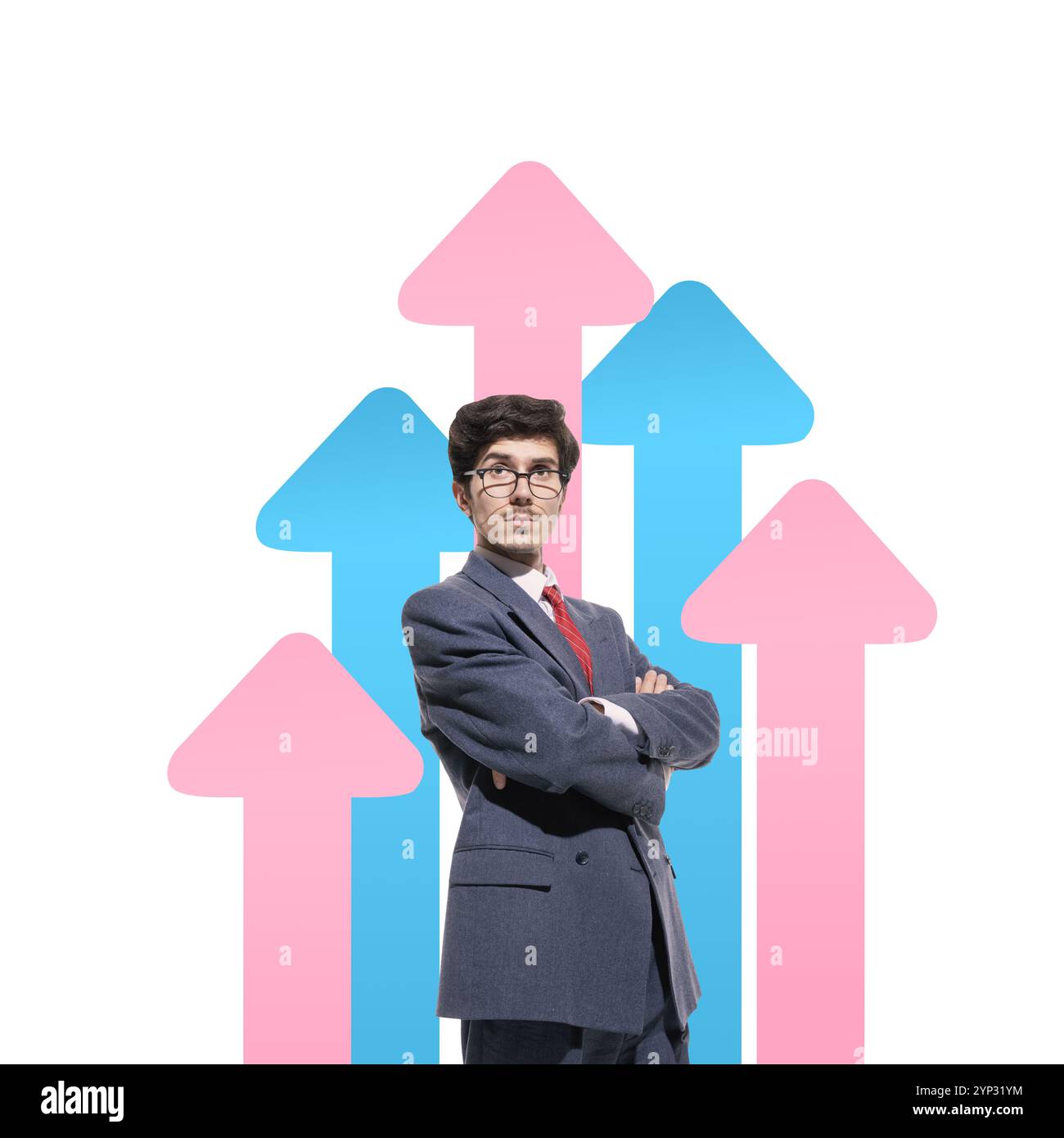 Businessman surrounded by blue and pink upward arrows, representing ...