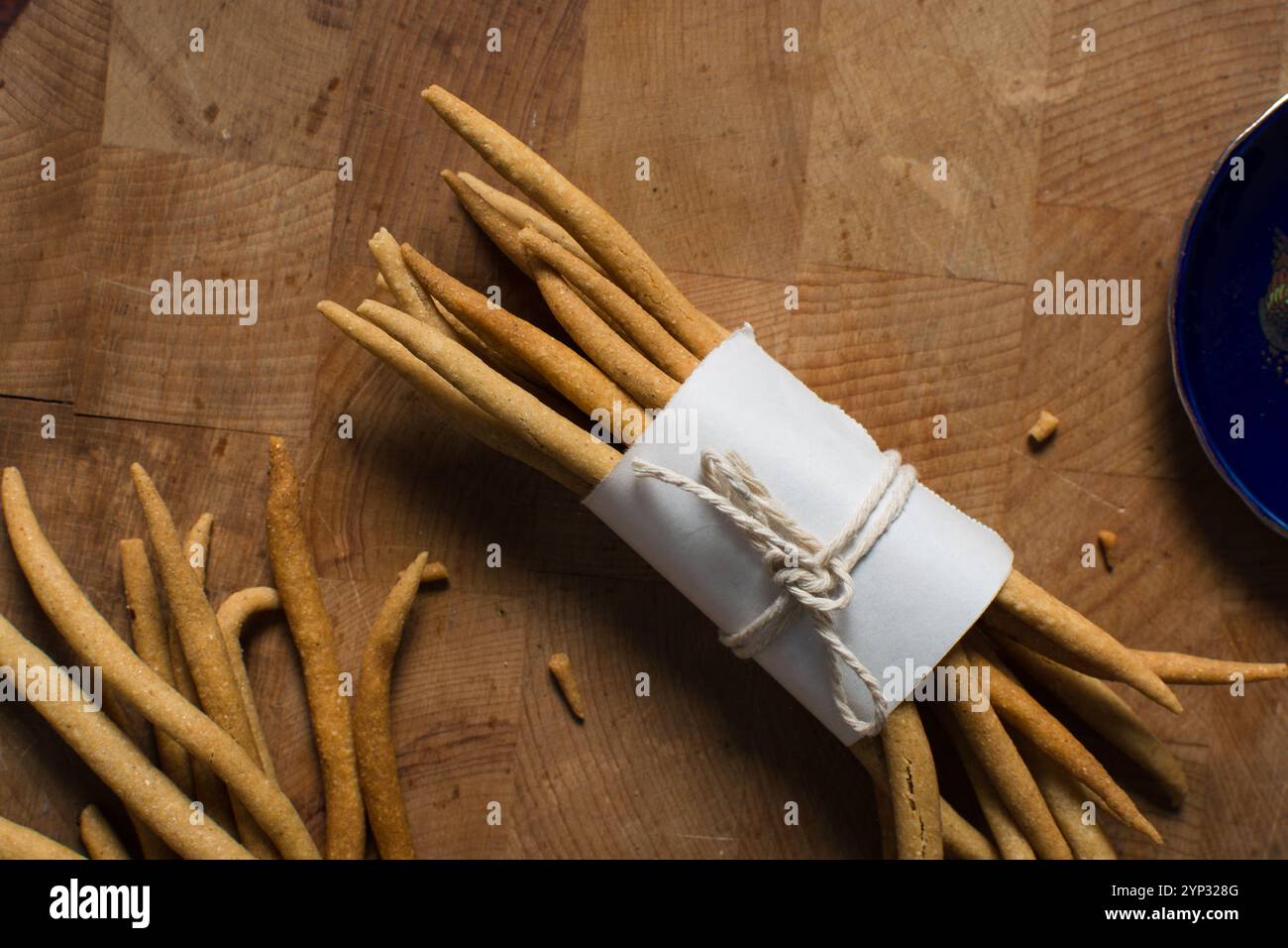 Top view of fried corn stick snack on a wood board, Overhead view of ...