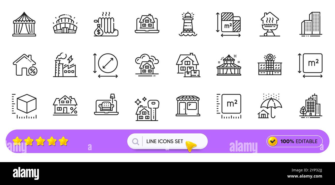 Hospital building, Home moving and Radiator line icons for web app ...