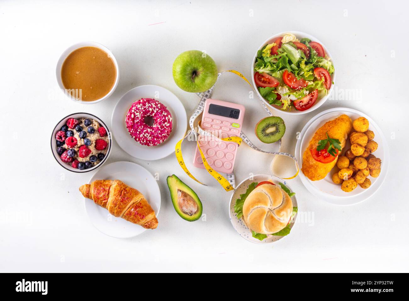 Calorie Calculator diet background with healthy and unhealthy foods ...