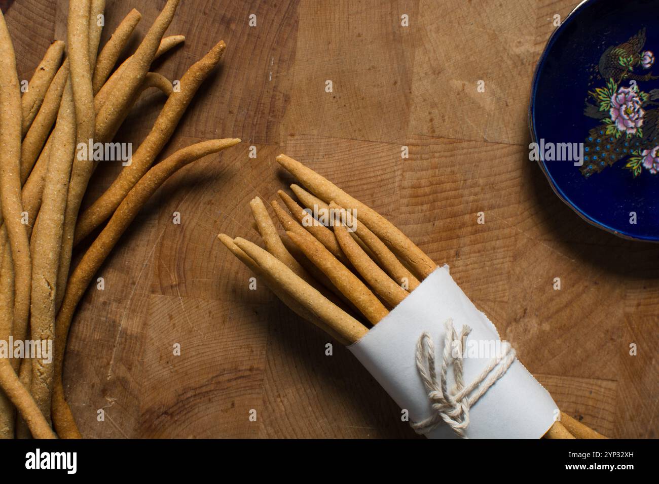 Top view of fried corn stick snack on a wood board, Overhead view of ...