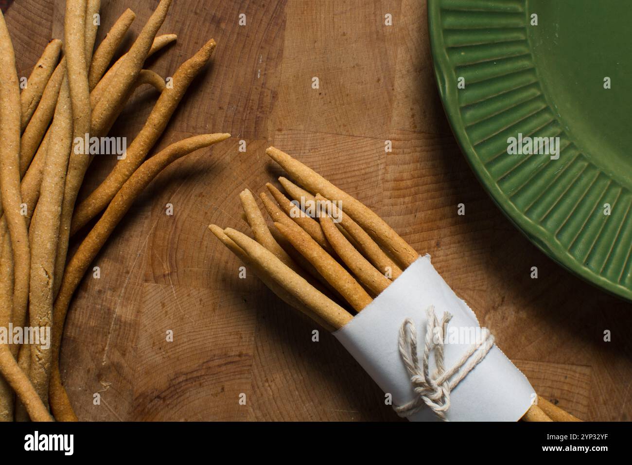 Top view of fried corn stick snack on a wood board, Overhead view of ...