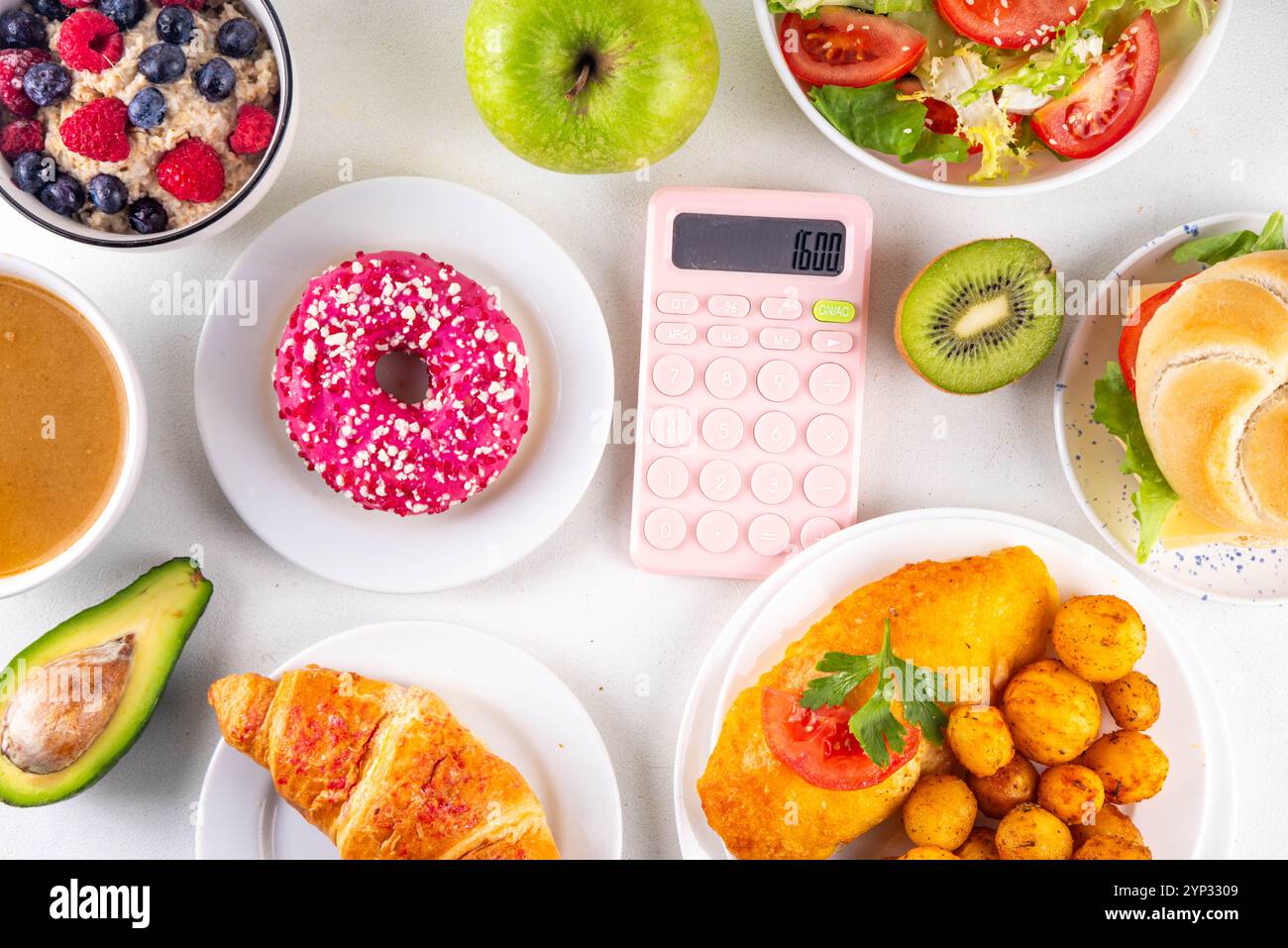 Calorie Calculator diet background with healthy and unhealthy foods ...