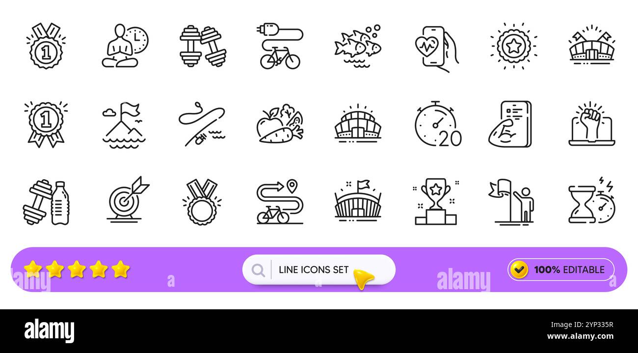 Bike path, Sports arena and Timer line icons for web app. Pictogram ...
