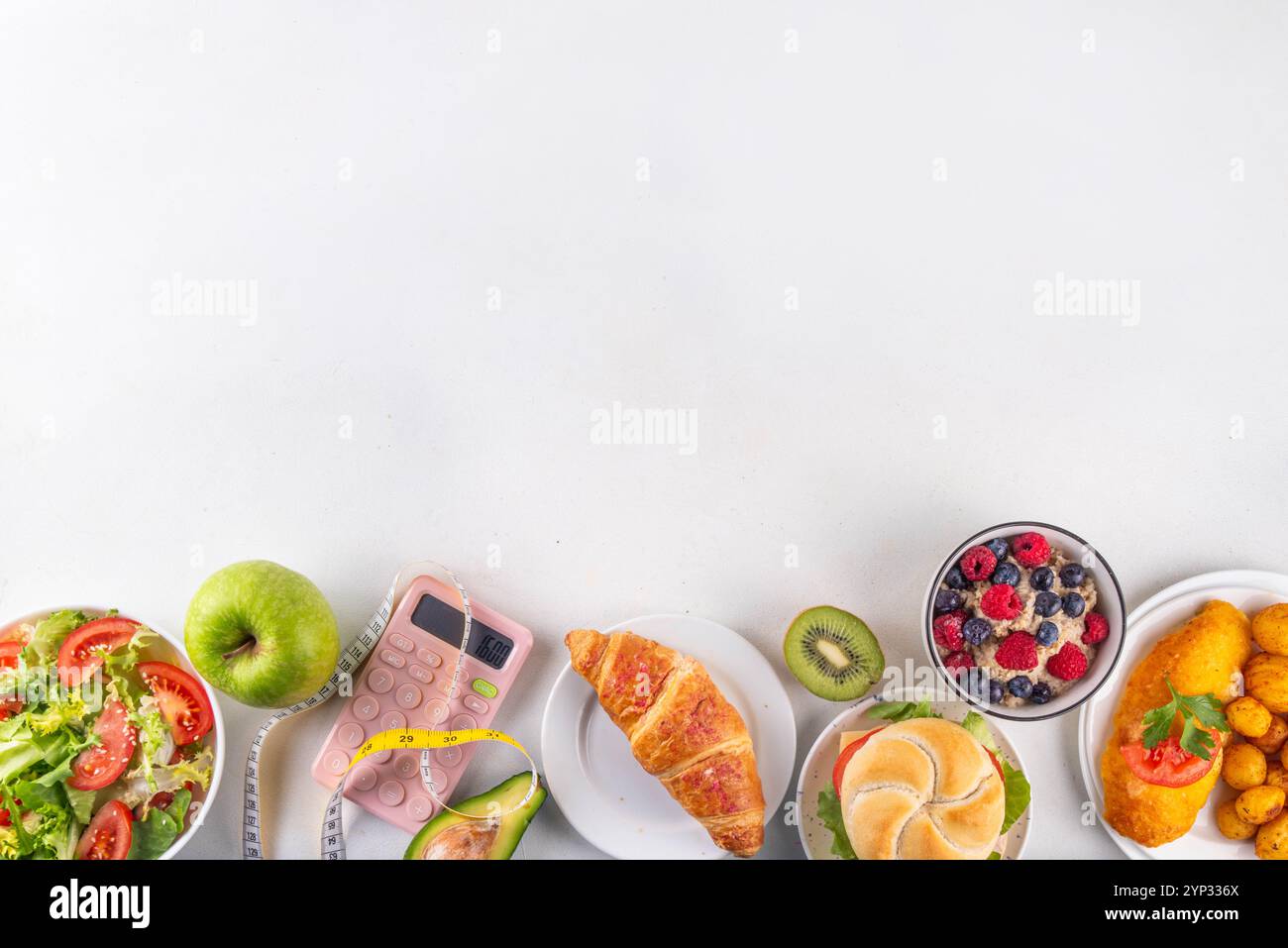 Calorie Calculator diet background with healthy and unhealthy foods ...