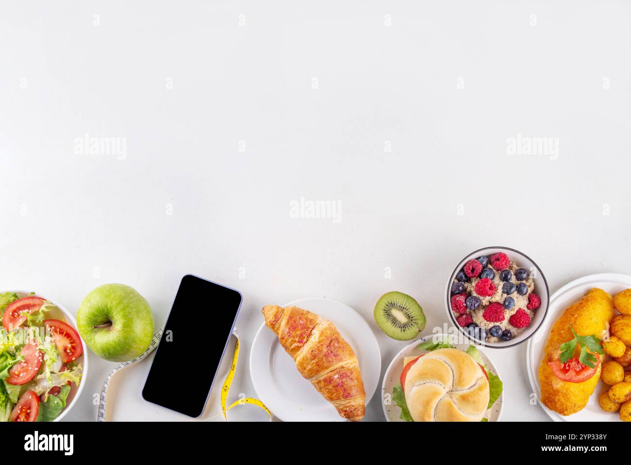 Calorie Calculator diet background with healthy and unhealthy foods ...