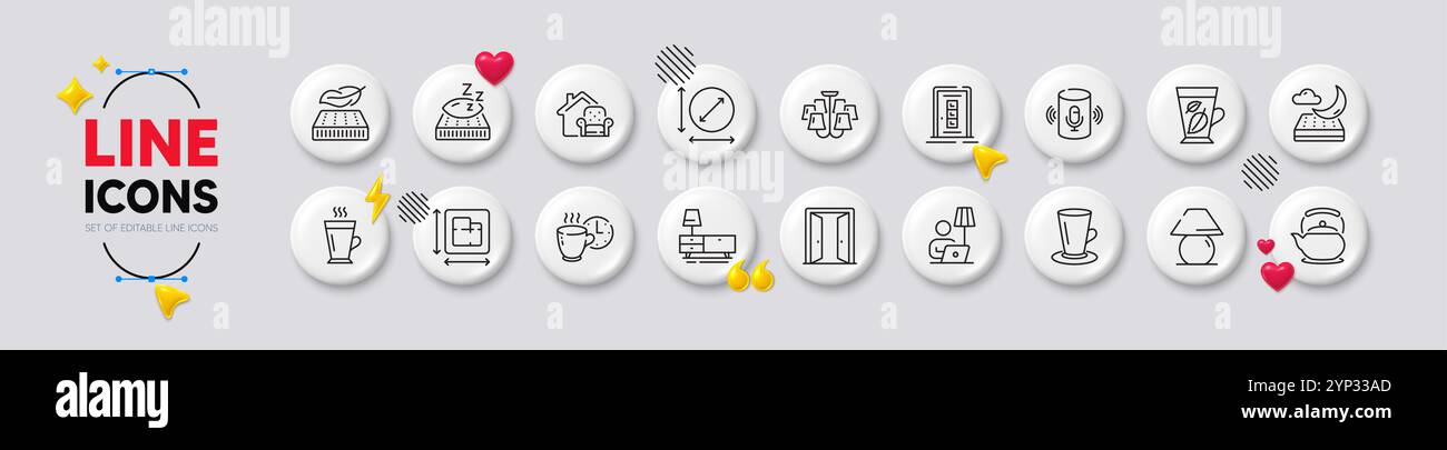 Table lamp, Open door and Floor plan line icons. For web app, printing. White buttons 3d icons ...