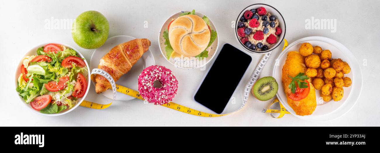 Calorie Calculator diet background with healthy and unhealthy foods ...