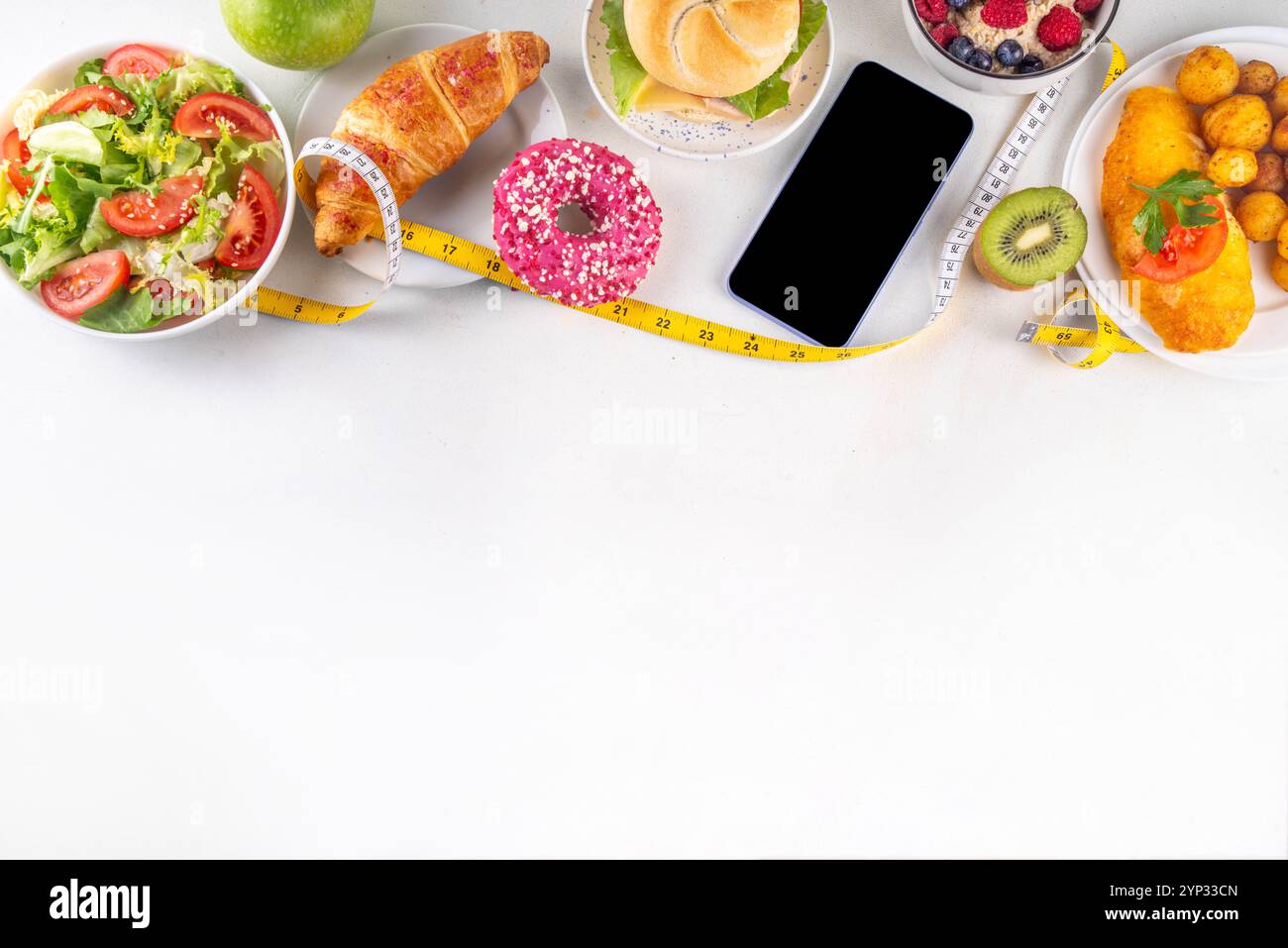 Calorie Calculator diet background with healthy and unhealthy foods ...