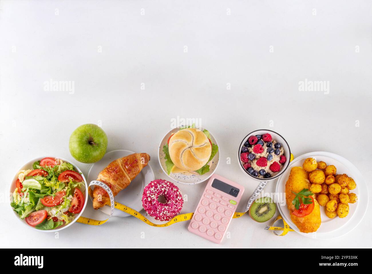 Calorie Calculator diet background with healthy and unhealthy foods ...