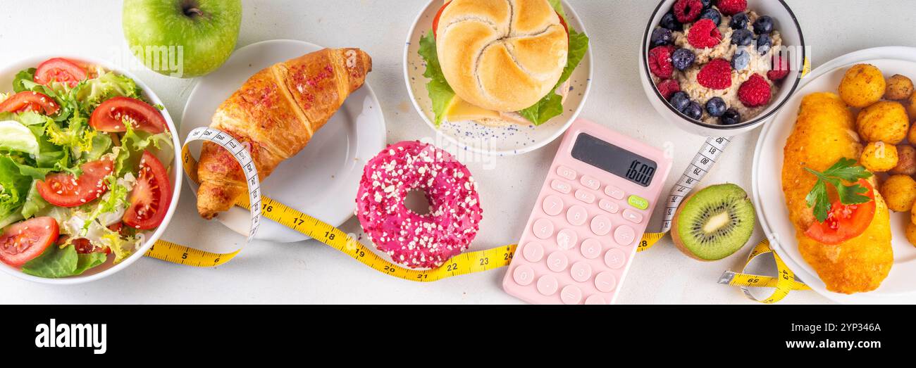 Calorie Calculator diet background with healthy and unhealthy foods ...