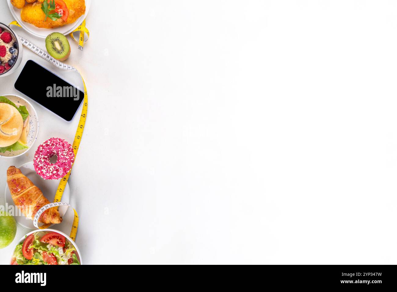 Calorie Calculator diet background with healthy and unhealthy foods ...