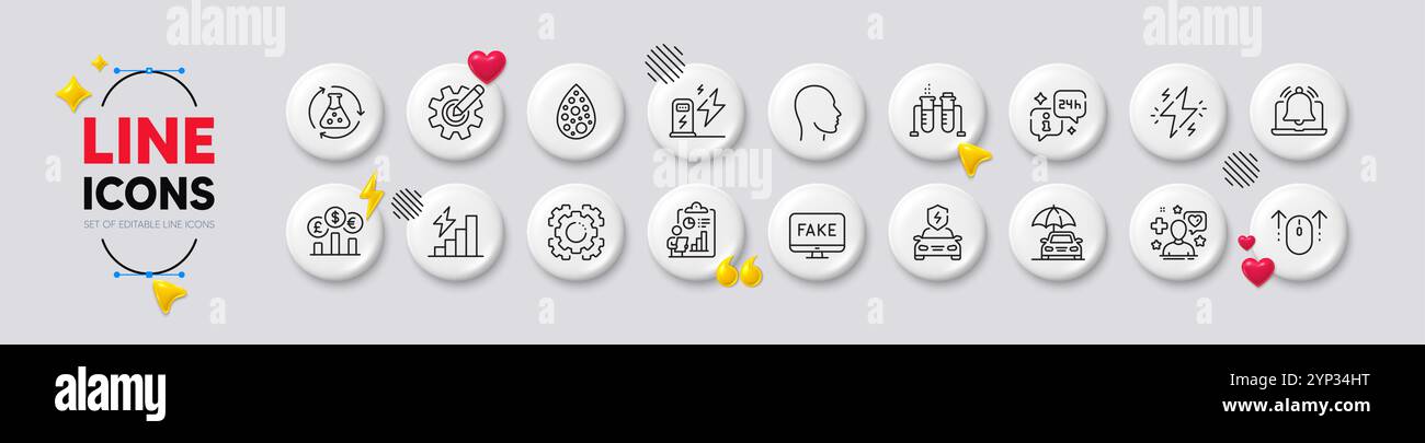 Currency rate, Reminder and Consumption growth line icons. For web app, printing. White buttons ...