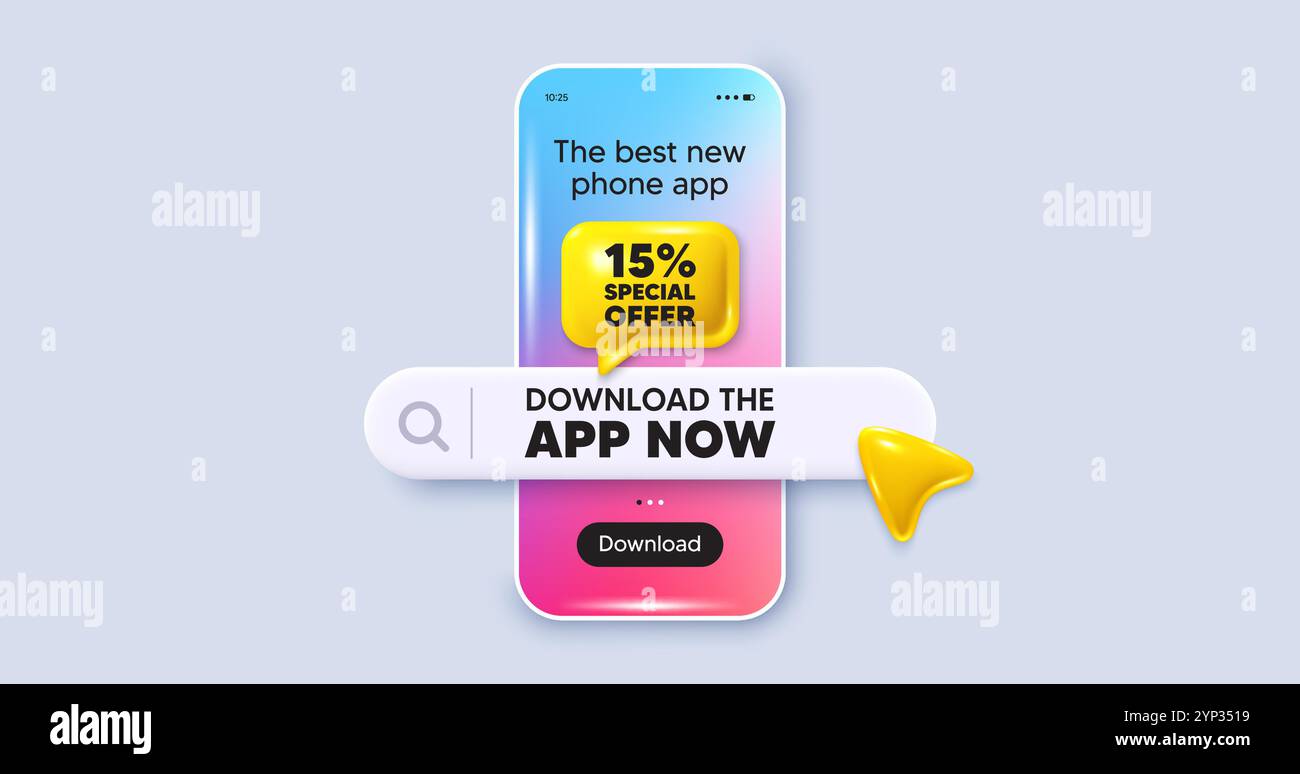 15 percent discount offer. Sale price promo sign. Download the app now ...