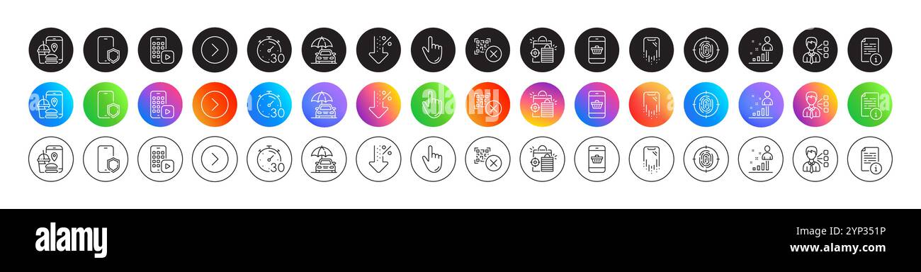 Car insurance, Food app and Manual line icons. For web app, printing. Round icon buttons. Vector ...