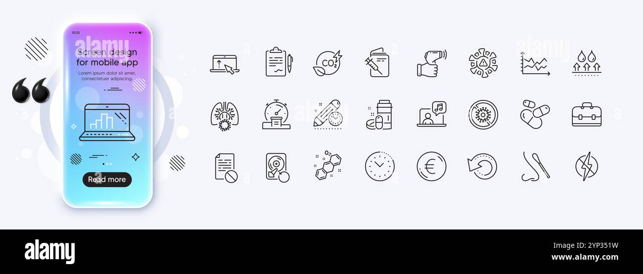 Timer, Recovery data and Waterproof line icons for web app. Pictogram icon. Phone mockup ...