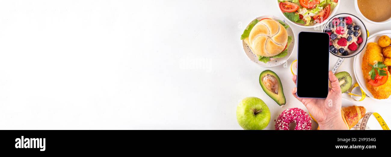 Calorie Calculator diet background with healthy and unhealthy foods ...
