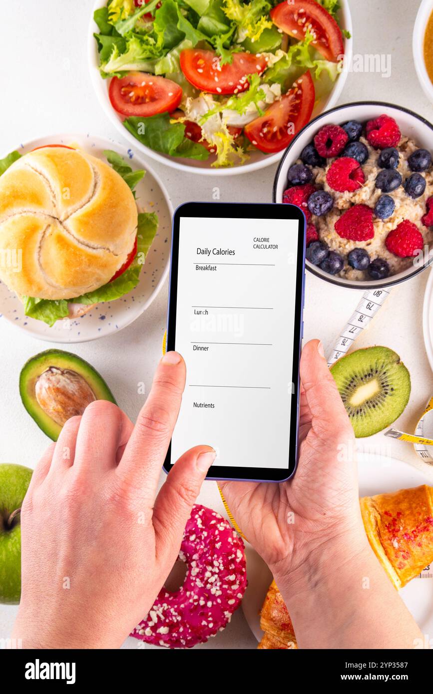 Calorie Calculator diet background with healthy and unhealthy foods ...