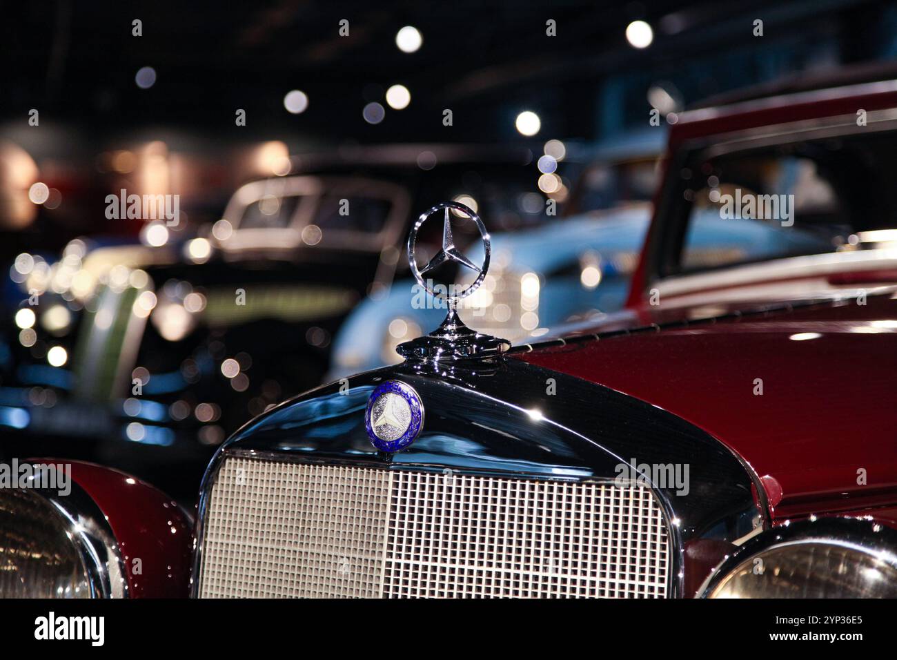 Riga, Latvia - 15-04-2017 - Hood ornament of luxury car Mercedes Benz ...